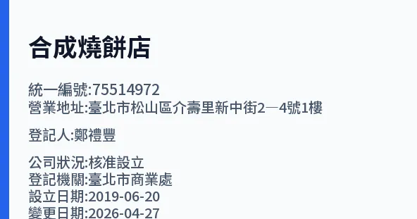 合成燒餅店的照片-統編 75514972(臺北市) 公司登記資料與營業項目詳細圖表