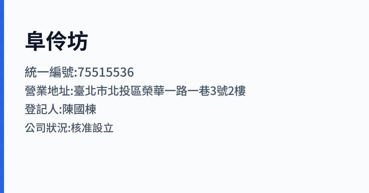 阜伶坊 - 統編 75515536(臺北市) 公司登記資料與營業項目詳細圖表