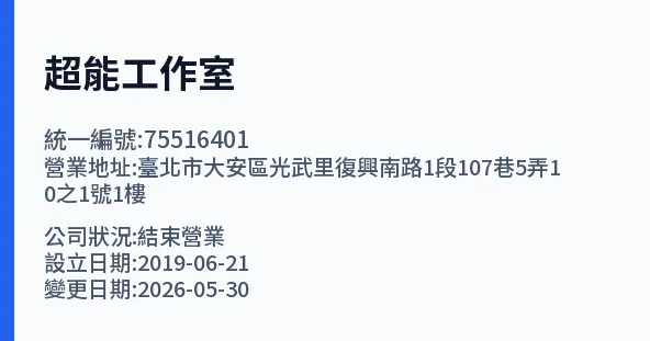超能工作室的照片-統編 75516401(臺北市) 公司登記資料與營業項目詳細圖表