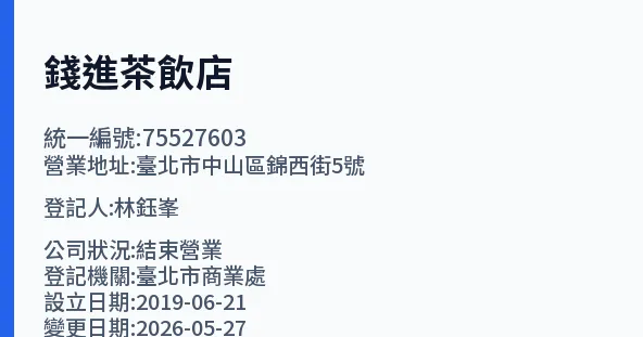 錢進茶飲店的照片-統編 75527603(臺北市) 公司登記資料與營業項目詳細圖表