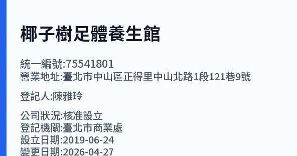 椰子樹足體養生館的照片-統編 75541801(臺北市) 公司登記資料與營業項目詳細圖表
