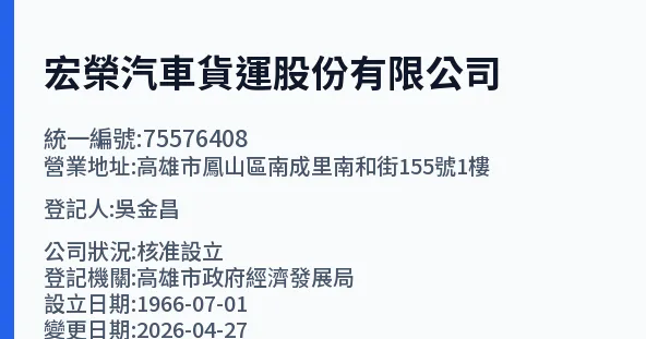 宏榮汽車貨運股份有限公司的照片-統編 75576408(高雄市) 公司登記資料與營業項目詳細圖表