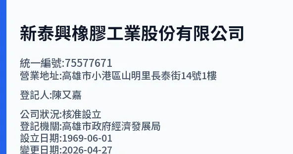 新泰興橡膠工業股份有限公司的照片-統編 75577671(高雄市) 公司登記資料與營業項目詳細圖表