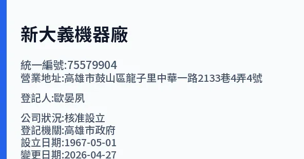新大義機器廠的照片-統編 75579904(高雄市) 公司登記資料與營業項目詳細圖表