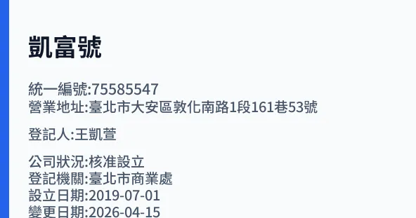 凱富號的照片-統編 75585547(臺北市) 公司登記資料與營業項目詳細圖表