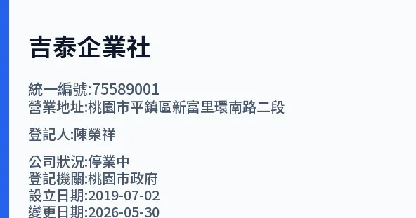 吉泰企業社的照片-統編 75589001(桃園市) 公司登記資料與營業項目詳細圖表