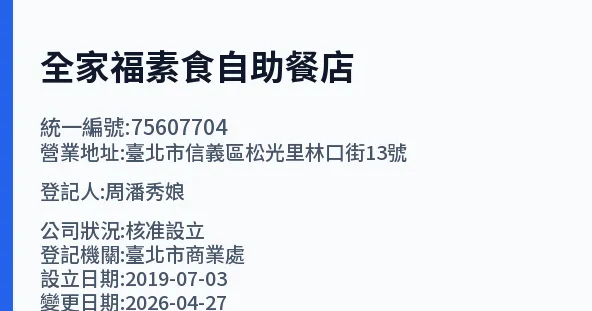 全家福素食自助餐店的照片-統編 75607704(臺北市) 公司登記資料與營業項目詳細圖表