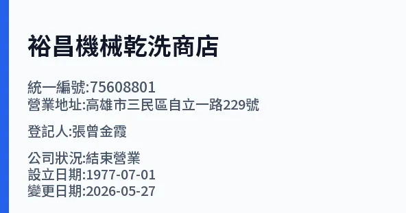 裕昌機械乾洗商店的照片-統編 75608801(高雄市) 公司登記資料與營業項目詳細圖表