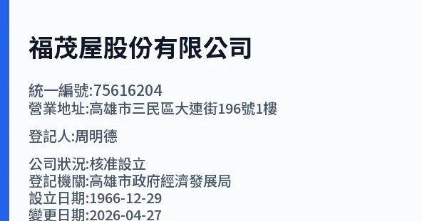 福茂屋股份有限公司的照片-統編 75616204(高雄市) 公司登記資料與營業項目詳細圖表