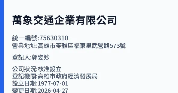 萬象交通企業有限公司的照片-統編 75630310(高雄市) 公司登記資料與營業項目詳細圖表