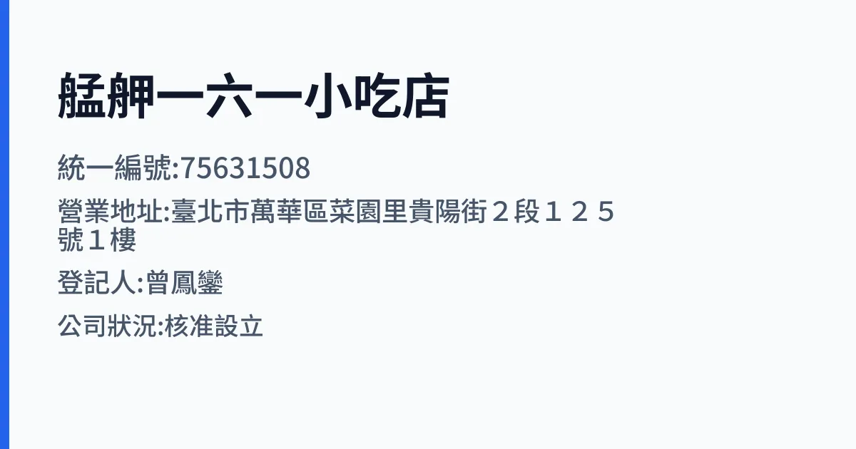 艋舺一六一小吃店 - 統編 75631508(臺北市) 公司登記資料與營業項目詳細圖表