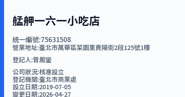 艋舺一六一小吃店的照片-統編 75631508(臺北市) 公司登記資料與營業項目詳細圖表