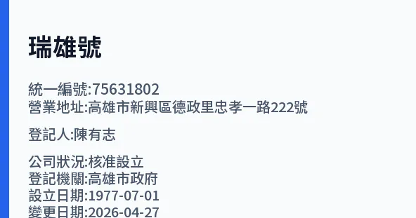 瑞雄號的照片-統編 75631802(高雄市) 公司登記資料與營業項目詳細圖表