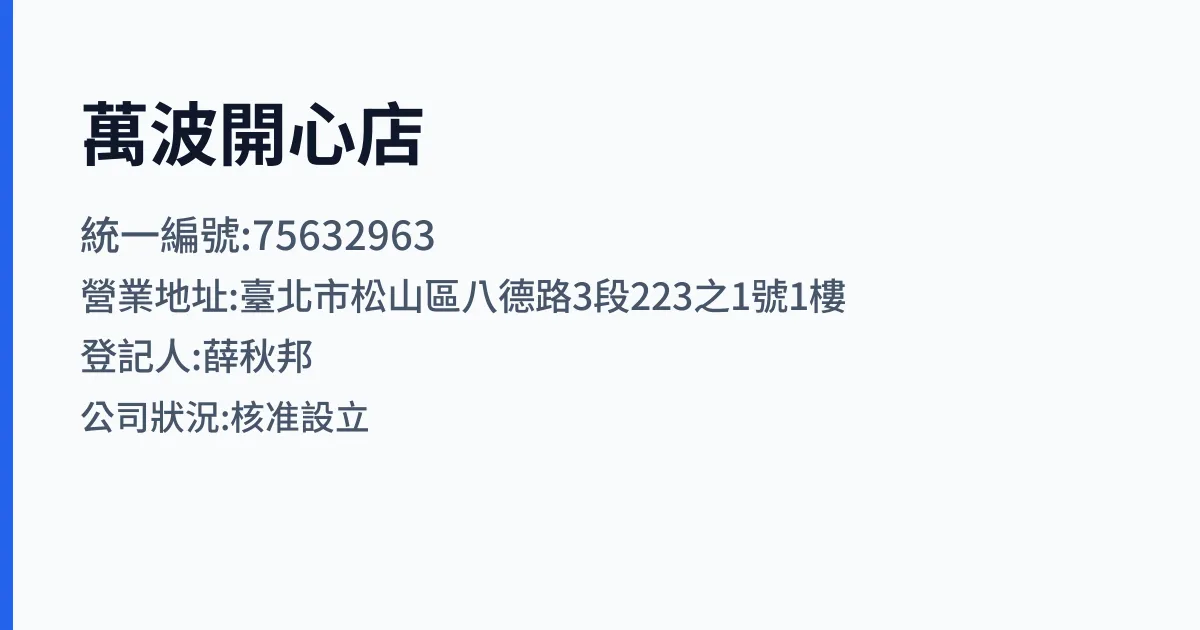 萬波開心店 - 統編 75632963(臺北市) 公司登記資料與營業項目詳細圖表
