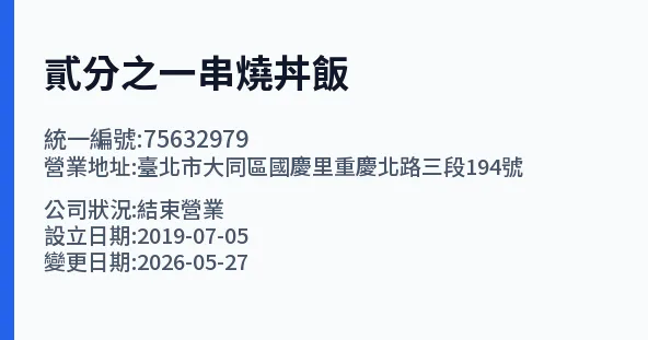 貳分之一串燒丼飯的照片-統編 75632979(臺北市) 公司登記資料與營業項目詳細圖表