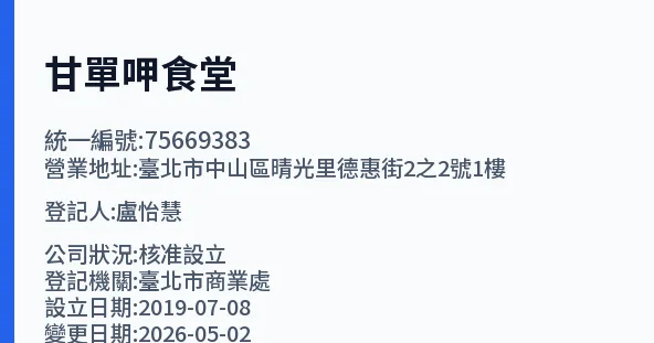 甘單呷食堂的照片-統編 75669383(臺北市) 公司登記資料與營業項目詳細圖表