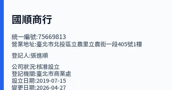 國順商行的照片-統編 75669813(臺北市) 公司登記資料與營業項目詳細圖表