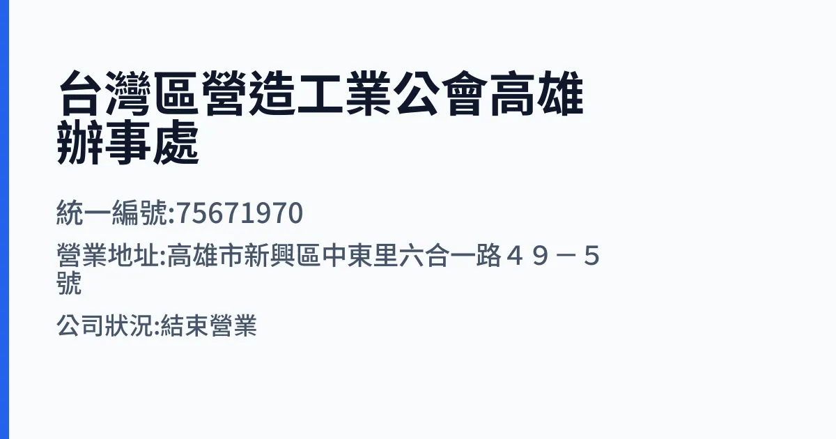 台灣區營造工業公會高雄辦事處 - 統編 75671970(高雄市) 公司登記資料與營業項目詳細圖表
