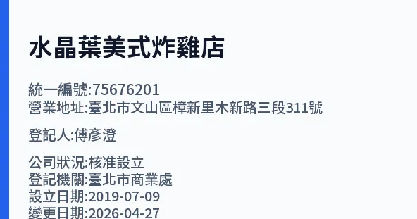 水晶葉美式炸雞店的照片-統編 75676201(臺北市) 公司登記資料與營業項目詳細圖表