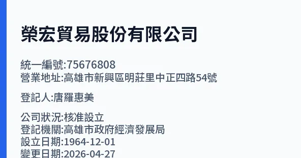 榮宏貿易股份有限公司的照片-統編 75676808(高雄市) 公司登記資料與營業項目詳細圖表