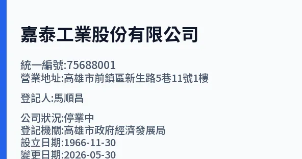 嘉泰工業股份有限公司的照片-統編 75688001(高雄市) 公司登記資料與營業項目詳細圖表