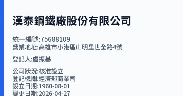 漢泰鋼鐵廠股份有限公司的照片-統編 75688109(高雄市) 公司登記資料與營業項目詳細圖表