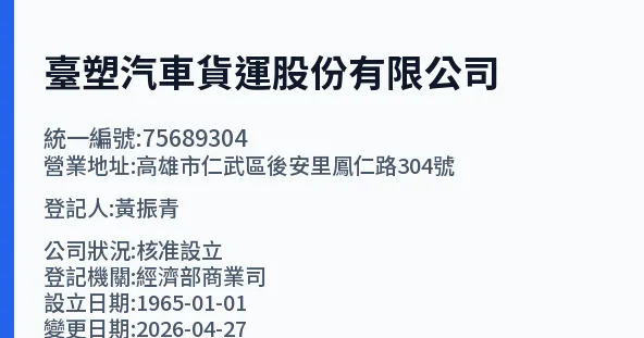 臺塑汽車貨運股份有限公司的照片-統編 75689304(高雄市) 公司登記資料與營業項目詳細圖表