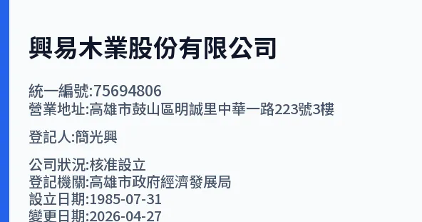 興易木業股份有限公司的照片-統編 75694806(高雄市) 公司登記資料與營業項目詳細圖表