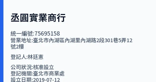 丞圓實業商行的照片-統編 75695158(臺北市) 公司登記資料與營業項目詳細圖表