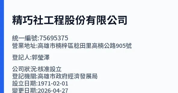 精巧社工程股份有限公司的照片-統編 75695375(高雄市) 公司登記資料與營業項目詳細圖表