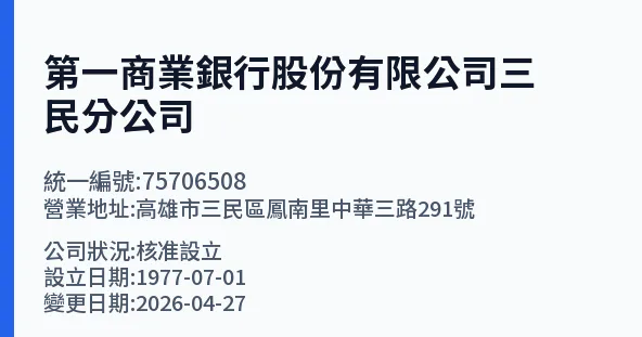 第一商業銀行股份有限公司三民分公司的照片-統編 75706508(高雄市) 公司登記資料與營業項目詳細圖表