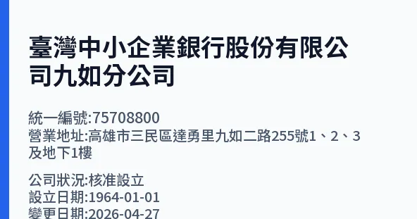 臺灣中小企業銀行股份有限公司九如分公司的照片-統編 75708800(高雄市) 公司登記資料與營業項目詳細圖表