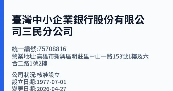 臺灣中小企業銀行股份有限公司三民分公司的照片-統編 75708816(高雄市) 公司登記資料與營業項目詳細圖表