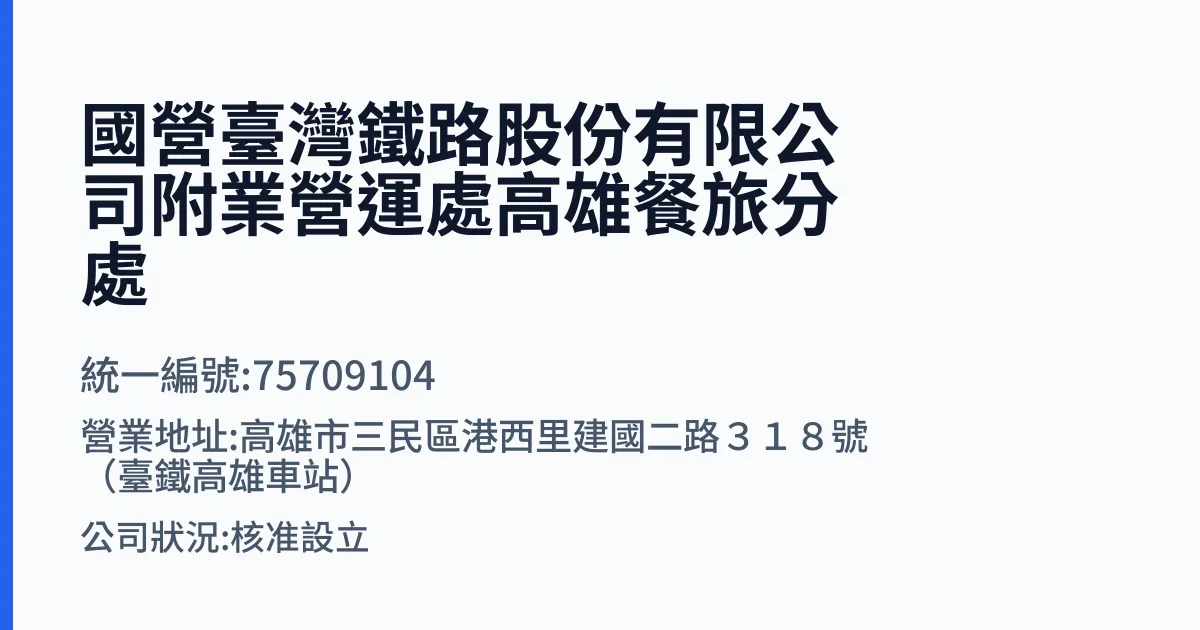 國營臺灣鐵路股份有限公司附業營運處高雄餐旅分處 - 統編 75709104(高雄市) 公司登記資料與營業項目詳細圖表