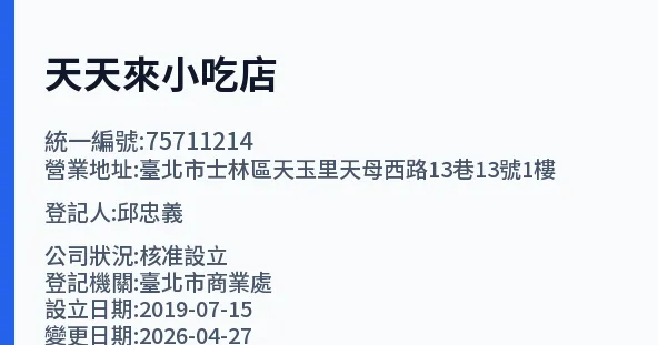 天天來小吃店的照片-統編 75711214(臺北市) 公司登記資料與營業項目詳細圖表