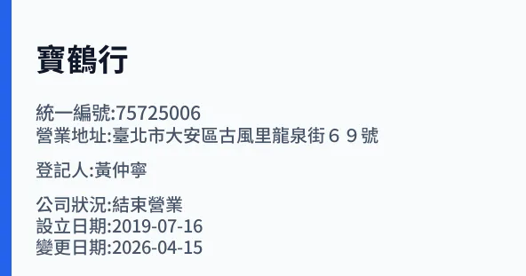 寶鶴行的照片-統編 75725006(臺北市) 公司登記資料與營業項目詳細圖表