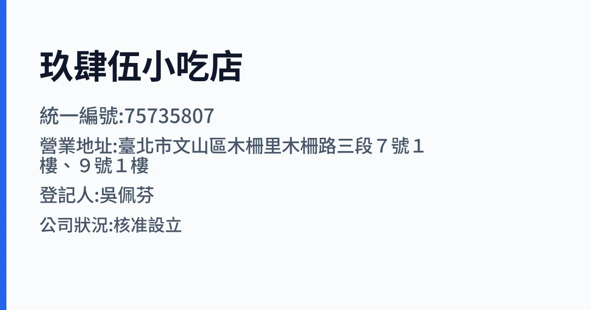 玖肆伍小吃店 - 統編 75735807(臺北市) 公司登記資料與營業項目詳細圖表