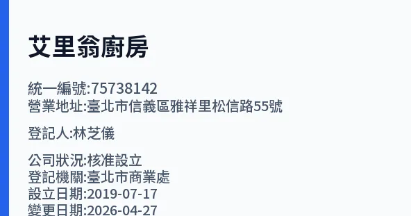 艾里翁廚房的照片-統編 75738142(臺北市) 公司登記資料與營業項目詳細圖表