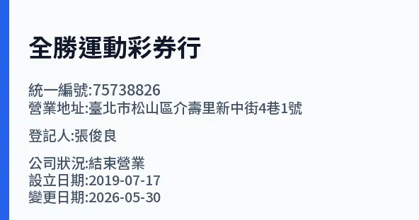 全勝運動彩券行的照片-統編 75738826(臺北市) 公司登記資料與營業項目詳細圖表