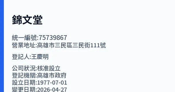 錦文堂的照片-統編 75739867(高雄市) 公司登記資料與營業項目詳細圖表