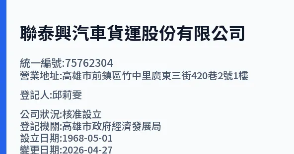 聯泰興汽車貨運股份有限公司的照片-統編 75762304(高雄市) 公司登記資料與營業項目詳細圖表