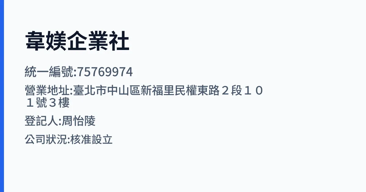 韋媄企業社 - 統編 75769974(臺北市) 公司登記資料與營業項目詳細圖表
