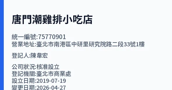 唐門潮雞排小吃店的照片-統編 75770901(臺北市) 公司登記資料與營業項目詳細圖表