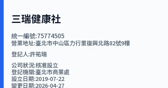 三瑞健康社的照片-統編 75774505(臺北市) 公司登記資料與營業項目詳細圖表