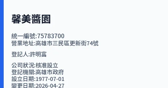 馨美醬園的照片-統編 75783700(高雄市) 公司登記資料與營業項目詳細圖表