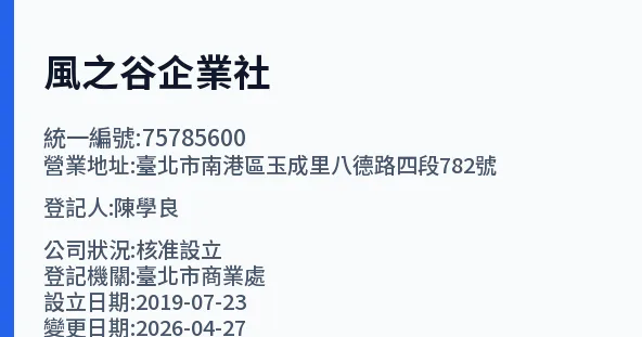風之谷企業社的照片-統編 75785600(臺北市) 公司登記資料與營業項目詳細圖表