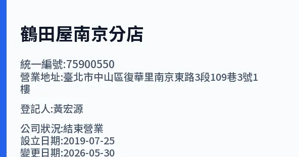 鶴田屋南京分店的照片-統編 75900550(臺北市) 公司登記資料與營業項目詳細圖表