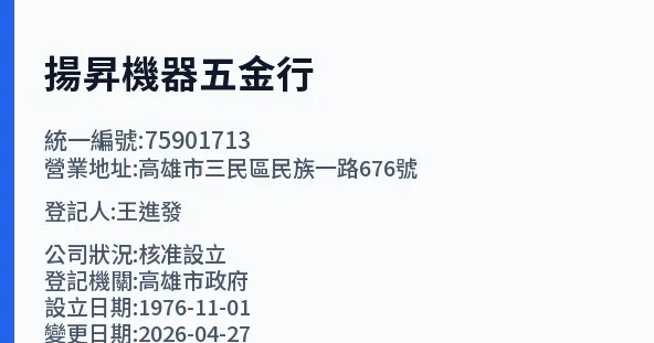 揚昇機器五金行的照片-統編 75901713(高雄市) 公司登記資料與營業項目詳細圖表
