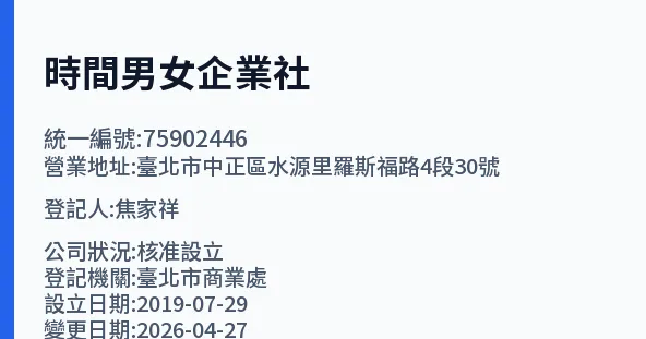 時間男女企業社的照片-統編 75902446(臺北市) 公司登記資料與營業項目詳細圖表