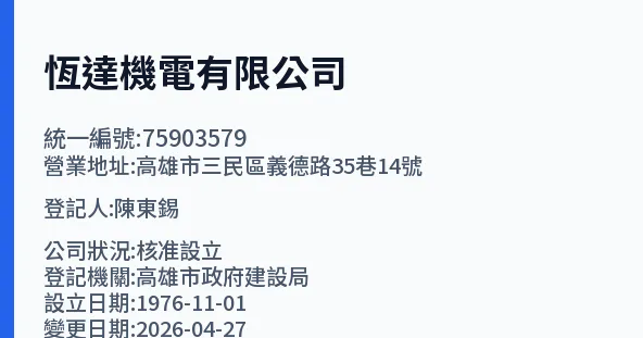 恆達機電有限公司的照片-統編 75903579(高雄市) 公司登記資料與營業項目詳細圖表